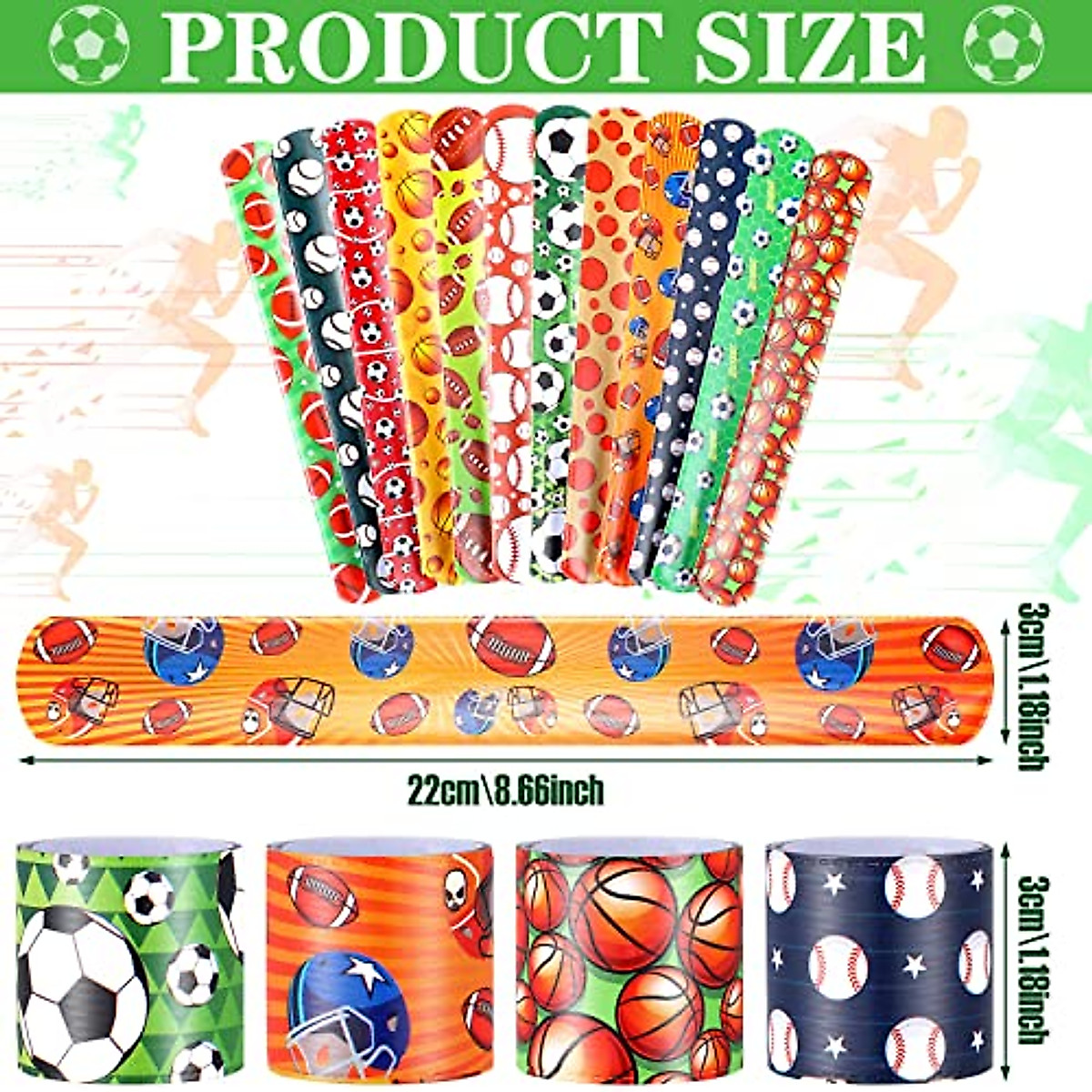 Deekin Sports Ball Slap Bracelets Football Baseball Basketball Snap Bracelet Bands Slap Bands Colorful Slap Bracelets Party Favors for Boys Birthday Party Supplies, 8.8 x 1.2 Inch (48 Pcs)