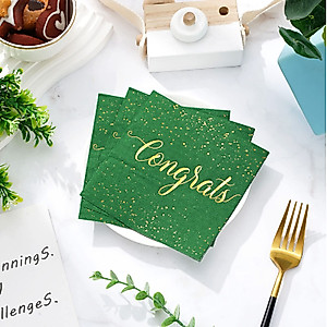 Whaline 80 Pack Graduation Paper Napkins 5 x 5 Inch Gold Foil Congrats Cocktail Napkins Green Graduation Party Disposable Beverage Napkins for Engagement Graduation Baby Shower Celebration Party