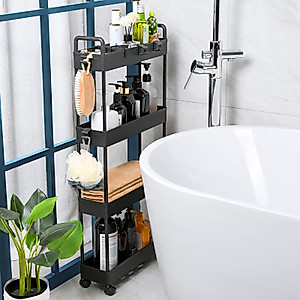 Arogan Slim Rolling Storage Cart with Wheels, 4 Tier Bathroom Storage Cart Laundry Room Organizer, Rolling Utility Cart for Kitchen, Bathroom, Laundry Room, Office, Narrow Place(Black)