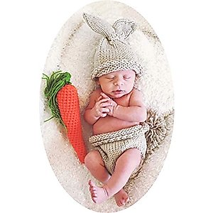 Newborn Photography Props Rabbit Outfit Baby Photoshoot Props Outfits Bunny Crochet Costume Baby Photo Prop Rabbit Hat Diaper Carrot Set 0-6 Months Baby Bunny Photo Prop for Easter Gift(Rabbit Outfit)