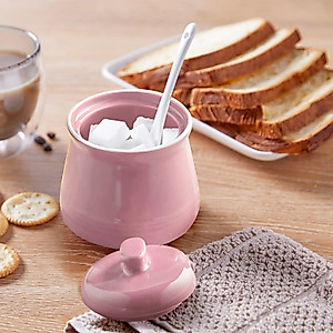 DAYYET Sugar Bowl with Lid and Spoon - 12 oz Ceramic Sugar Bowl with Spoon - Sugar Container for Coffee Bar - Sugar Jar Sugar Dispenser Bowl - Pink Kitchen Decor and Accessories