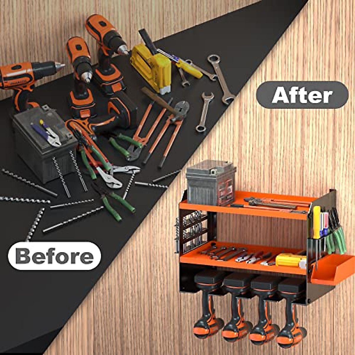 QZER Power Tool Organizer Wall Mount - Heavy Duty Drill Holder with 4 Drill Storage Slots & 2 Large Capacity Compartments, Cordless Drill Storage Rack & Garage Drill Charging Station