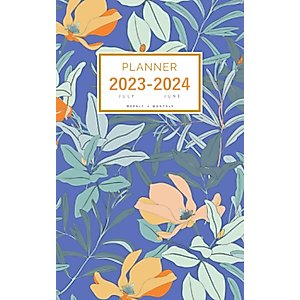 Planner July 2023-2024 June: 5x8 Weekly and Monthly Organizer Small | Trendy Magnolia Blossom Flower Design Blue