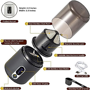 Wireless Coffee Grinder with LED Power, Electric Portable Coffee Bean Grinder with Brush, Herb Grinder, Spice Grinder with Removable Bowl & Spoon and 304 Stainless