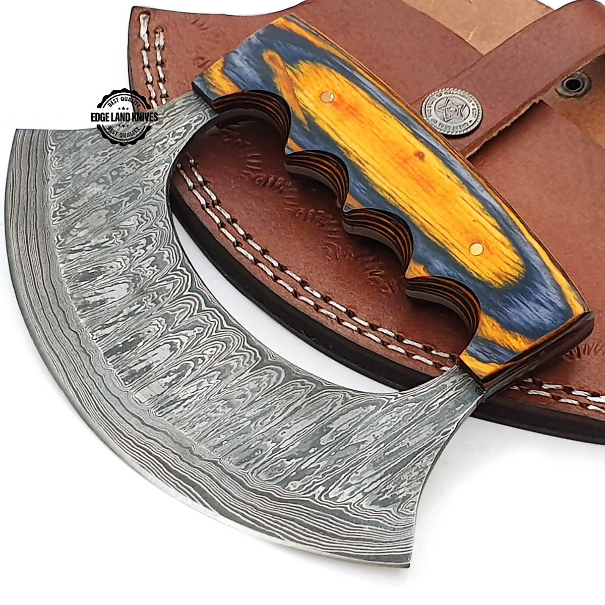 One Handed Rocker Damascus Ulu Knife With Sheath, Rocker Knife For One Handed Cutting, 5.5 Inches Rocker Damascus Ulu Knife, Heavy Duty Rocker Knife/Ulu Knife/Mezzaluna Knife (Pakka Wood)