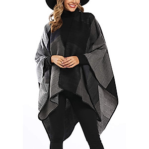 Epsion Women's Color Block Shawl Wrap Plus Size Cardigan Poncho Cape Open Front Long Winter Sweater Coat Black