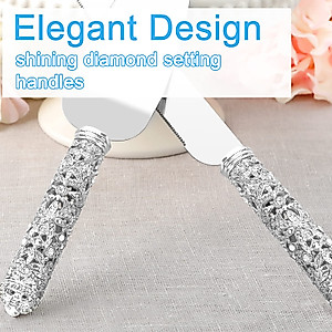 Jozen Gift Wedding Cake Knife and Server Set - 2 Piece Dessert Set Metal Handle with Crystal Stones Decoration for Wedding, Anniversary Party Birthday Banquets and Gifts for Bride and Groom