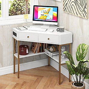 Tangkula White Corner Desk with 2 Drawers & Built-in Charging Station, 90 Degrees Triangle Corner Computer Desk for Small Space, Bedroom Makeup Vanity Desk with Storage Shelves, Corner Writing Desk