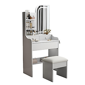 23.6" Small White Vanity Desk with Mirror and Lights, Vanity Set with Charging Station+Ottoman+Large Mirror with Streamlined Design+3 Sliding Drawers+3 Shelves+Adjustable Light, for Apartment Bedroom