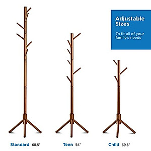 MELDEVO Wooden Tree Coat Rack Stand, 6 Hooks - Super Easy Assembly NO Tools Required - 3 Adjustable Sizes Free Standing Coat Rack, Hallway/Entryway Coat Hanger Stand for Clothes, Suits, Accessories