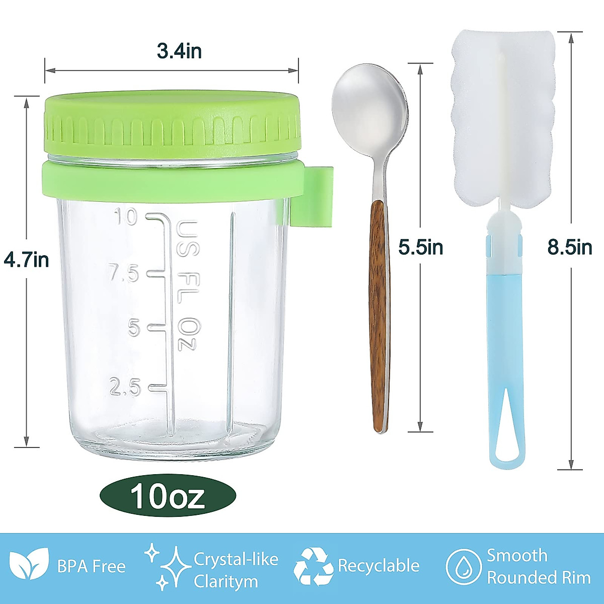 DANALLAN Overnight Oats Containers with Lids and Spoons, 4Pcs Overnight Oats Jars 10 oz Large Capacity Airtight Mason Jars for Overnight Oats Milk Vegetable Fruit Salad Cereal