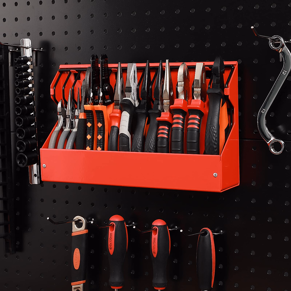 Mayouko 14 Slots Pliers Rack Organizer, For Standard & Smaller Pliers, All Steel, Fits in Toolbox Drawer, Chest, Pegboard, Tilt Feature