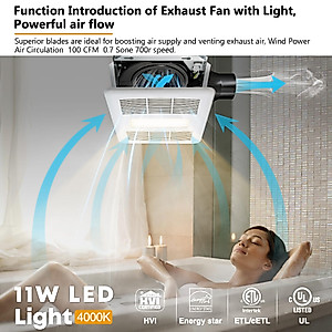 NookNova Quiet Bathroom Exhaust Fan with Light, 100 CFM, 0.7 Sones Household Ventilation Fan, Energy STAR Bathroom Vent Fan with Light Combo, HVI/FCC/ETL Listed Bath Ceiling Fan with 11W LED light