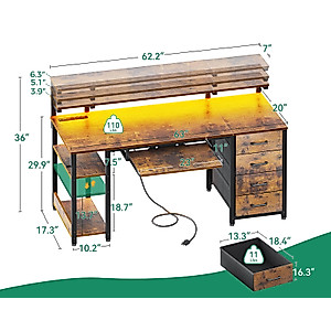 AODK 63 Inch Computer Desk with Power Outlet and LED Light, Office Desk with Fabric Drawer and Keyboard Tray, Gaming Desk with Adjustable PC Shelf and Monitor Stand, Desk for Bedroom with USB, Vintage