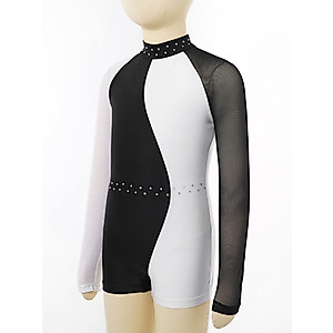 FEESHOW Leotards for Girls Gymnastics Children Long Sleeve Zipper Back Biketard Unitard Jumpsuit with Shorts Black&White 14 Years