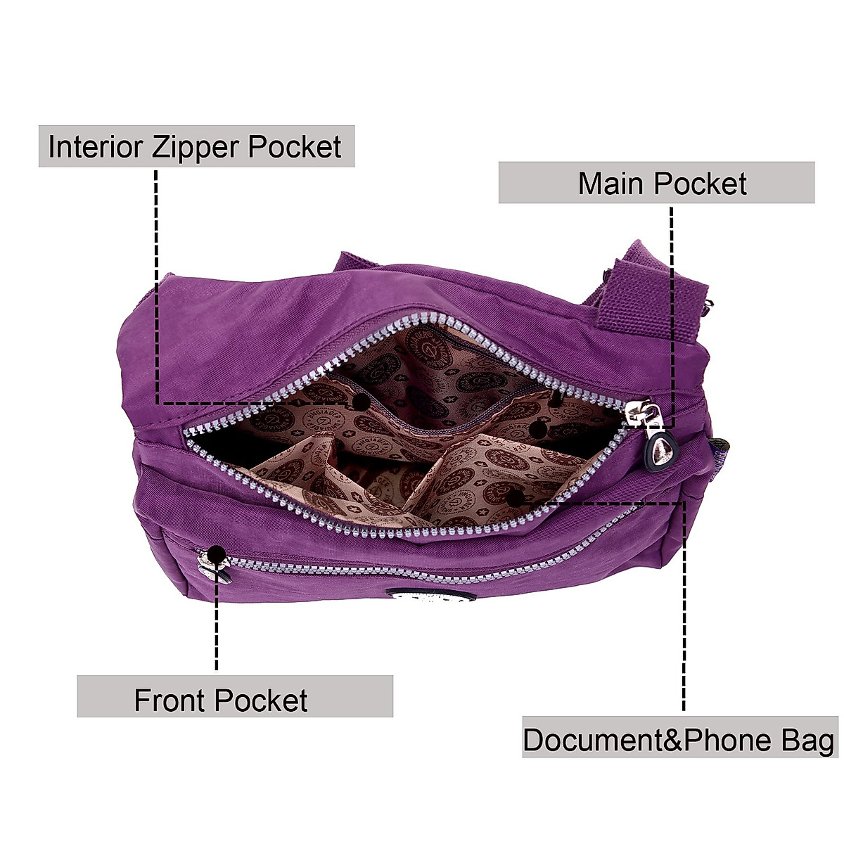 STUOYE Nylon Multi-Pocket Crossbody Purse Bags for Women Travel Shoulder Bag (Z187 Black)