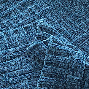 Revdomfly Chenille Cable Knit Blanket Fluffy Knitted Throw Blanket, Cozy Plush Lightweight Woven Blanket for Couch Bed Sofa, 50" x 60", Blue