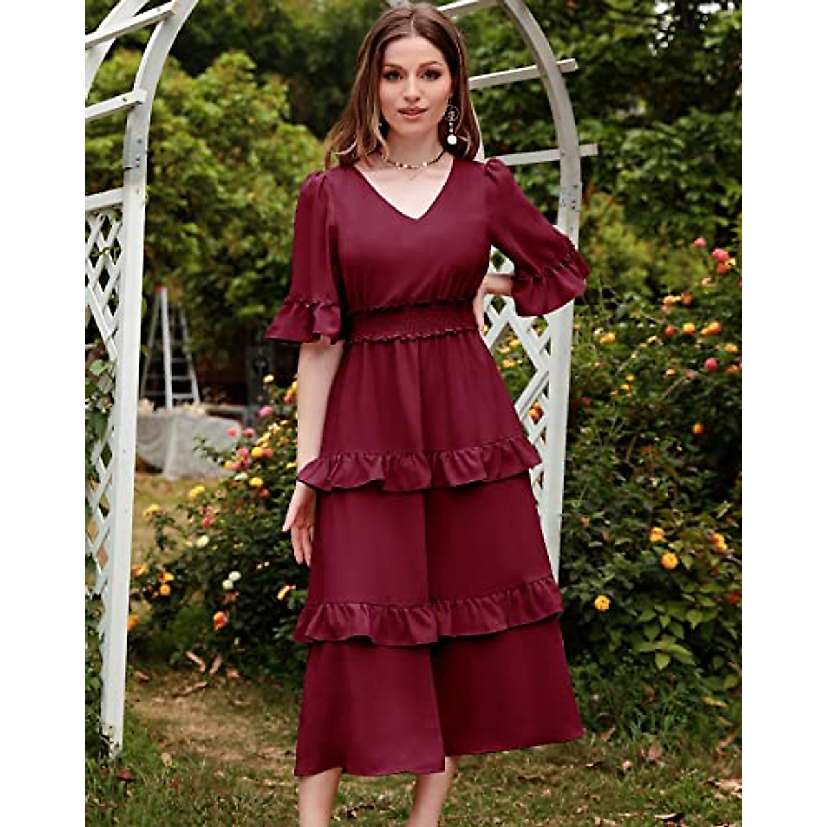 Aonour Womens 2023 Summer Wedding Casual Flutter Sleeves V Neck Flowy Cute High Waist Tiered Ruffle Midi Dress Baby Shower Amazon Modest Dresses ARC1002 Burgundy L