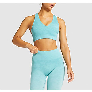 SweatyShark Women's Workout Outfit Set Active 2 Pieces Camo Seamless Yoga Leggings with Paded Sports Bra Racer Back Sky Blue