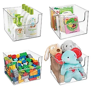 mDesign Plastic Household Storage Organizer Bins with Open Dip Front for Kitchen, Bedroom, Bathroom, Office, Craft or Playroom Organization - Holds Toys, Books - Ligne Collection, 4 Pack - Clear
