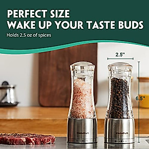 Salt and Pepper Grinder Set - KucheCraft Intuitive Salt Grinder & Pepper Grinder Refillable - Stainless Steel Manual Salt and Pepper Mill with Aroma Sealable Cap - Up to 5 Preset Grind Sizes