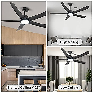 NWIASS Modern Farmhouse Ceiling Fans with Lights, 60" Black Outdoor Ceiling Fans for Patios, Low Profile Flush Mount Ceiling Fan with 5 Blades DC Motor for Indoor Bedroom Garage (60" Black-B)
