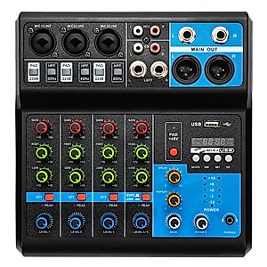 5 Channel Mini Audio DJ Mixer,Professional 48V Phantom Power Audio Mixer,Digital Music Sound Card DJ Console System with Bluetooth for Recording Party KTV Stage