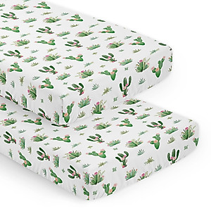 Sweet Jojo Designs Pink Green Cactus Floral Girl Baby Fitted Crib Sheet Set Nursery Soft Infant Newborn Fits Standard Mattress or Toddler Bed - 2pc - Boho Bohemian Watercolor Shabby Chic Desert