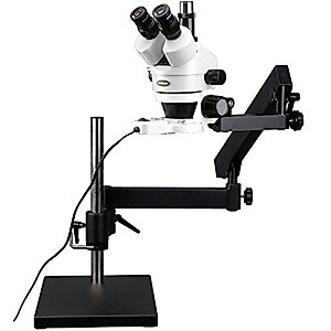 AmScope SM-7TZ-FRL Professional Trinocular Stereo Zoom Microscope, WH10x Eyepieces, 3.5X-90X Magnification, 0.7X-4.5X Zoom Objective, 8W Fluorescent Ring Light, Articulating-Arm Boom Stand, 110V-120V, Includes 0.5X and 2.0X Barlow Lenses