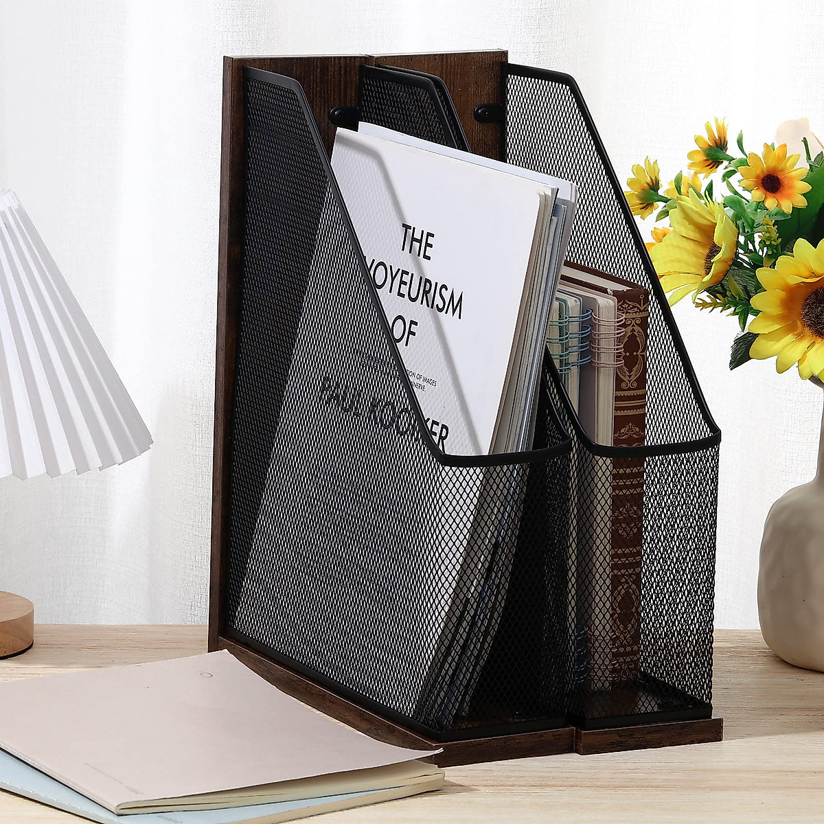 Perkoop 2 Pcs Mesh Magazine File Holder Metal Wooden Magazine File Holder Antique Mesh Wire File Organizer Desktop Magazine Rack Metal Desk Organizer for Document Folder School Office File Storage
