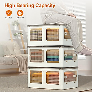 JUSTWOOF Stackable Storage Bins with Lid 3 Pack Collapsible Storage Containers with Wheels 24 Gal Closet Organizers and Storage Clear Folding Storage Boxes for Bedroom,Study Room,Living Room White