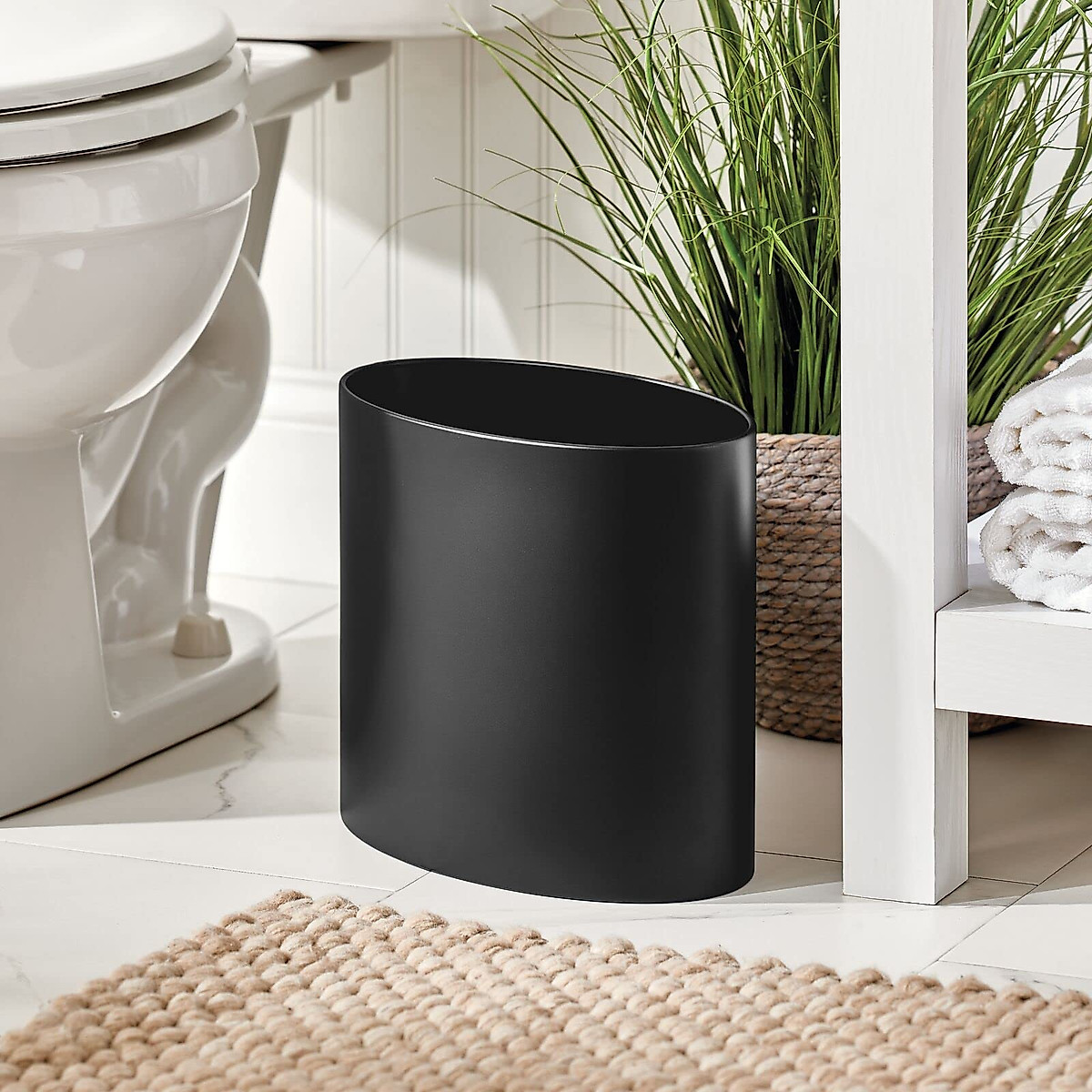 mDesign Stainless Steel Metal Oval Trash Can, 7.9 Liter/2.09 Gallon Wastebasket, Garbage Basket Bin for Bathroom, Bedroom, Kitchen, Home Office, Holds Waste and Recycle, Mirri Collection, Black