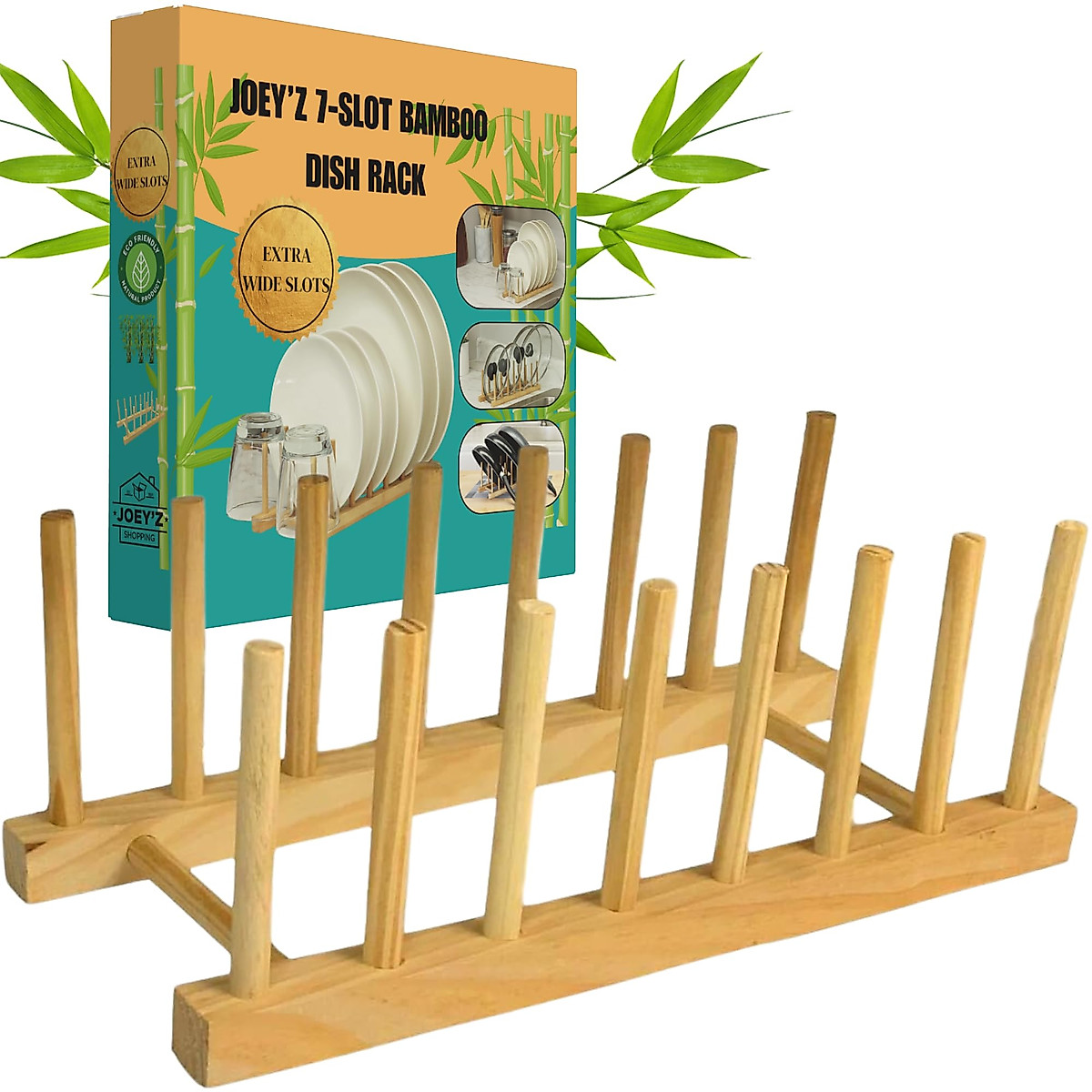 Joey’z Bamboo Dish Drying Rack - Dish Organizer Rack for Cabinet, Plates, Cups, Bowls, Pot Lids & Cutting Boards - Dish Storage and Pot Lid Organizer & Holder - Kitchen Storage Organizer