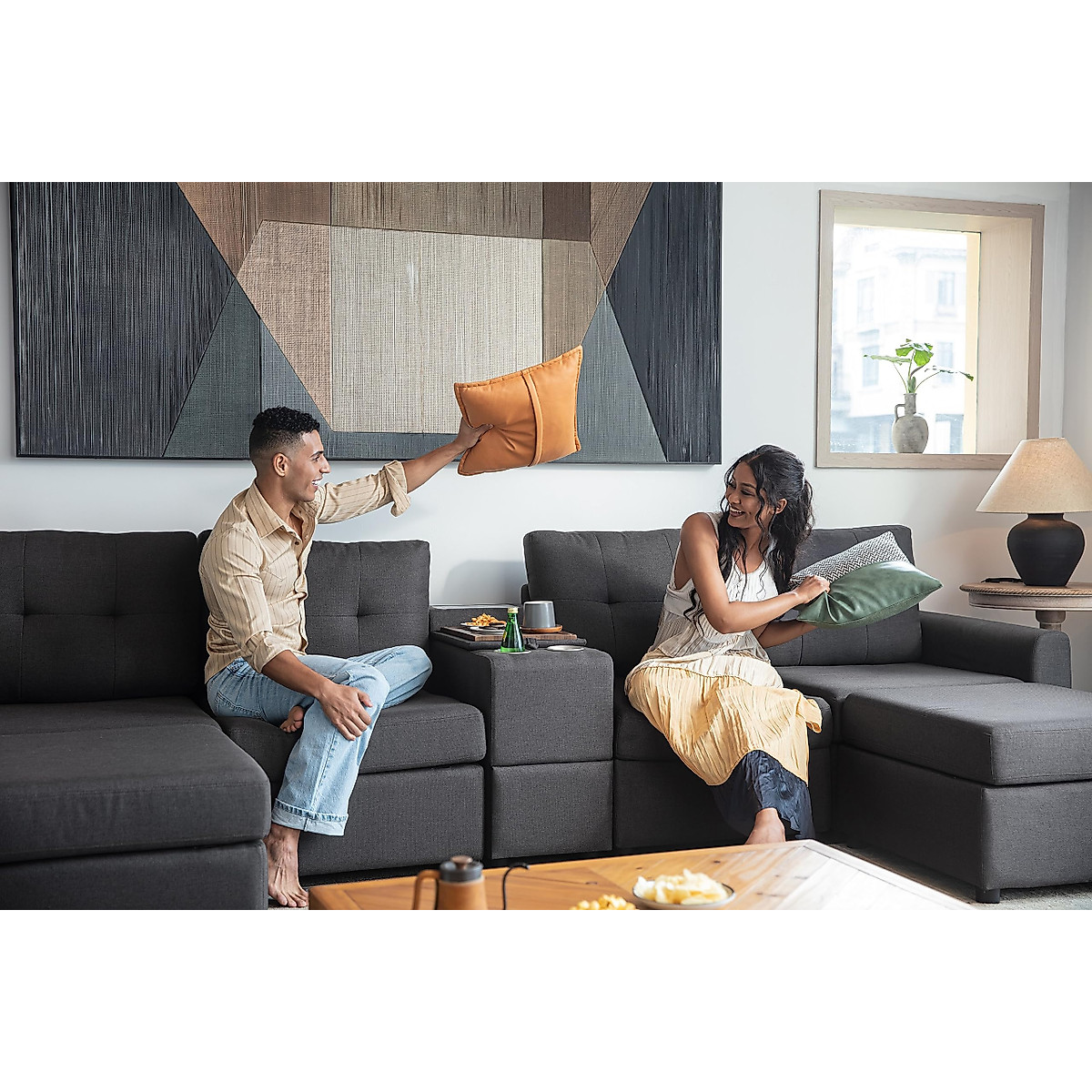 LINSY HOME Oversized Modular Sectional Couch, Rubik III 6 Seats with 4 Ottomans Convertible U Shaped Sectional Sleeper Sofa with Storage, All Covers Changeable Washable, Dark Grey