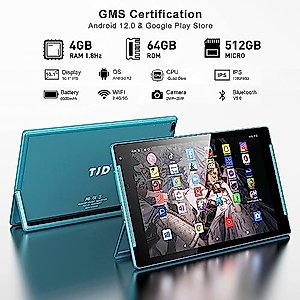 TJD 10.1 inch Tablet,Android Tablets,2GB RAM 32GB ROM, Quad Core Processor, HD IPS Screen, 2.0MP Front+5.0MP Rear Camera,Google Tablet, Wi-Fi, Bluetooth, MT-1011QU, Blue