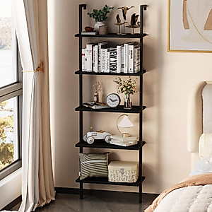 aboxoo Ladder Shelf Open 5-Tier Bookshelf Wall-Mounted Black Wood Bookcase Storage Rack Open Industrial Modern Plant Stand Utility Organizer Bookcase Metal Frame Furniture Office Bedroom