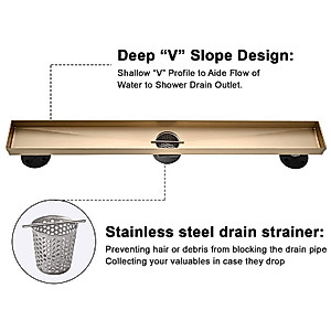 AVSIILE Linear Shower Floor Drain, Brushed Gold 24 Inch 304 Stainless Steel Bathroom Drains Kit, Rectangular Shower Trench Drain with Reversable Tile-in Pattern Drain Cover & Hair Catcher