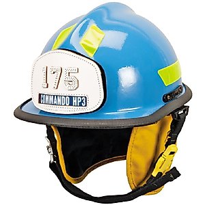MSA HP3DSC Cairns Commando HP3 Fire Helmet with Defender, Standard Flannel Liner, Nomex Earlap, Chinstrap with Quick Release, Postman Slide with Tetrabar and Lime/Yellow Reflexite, Blue