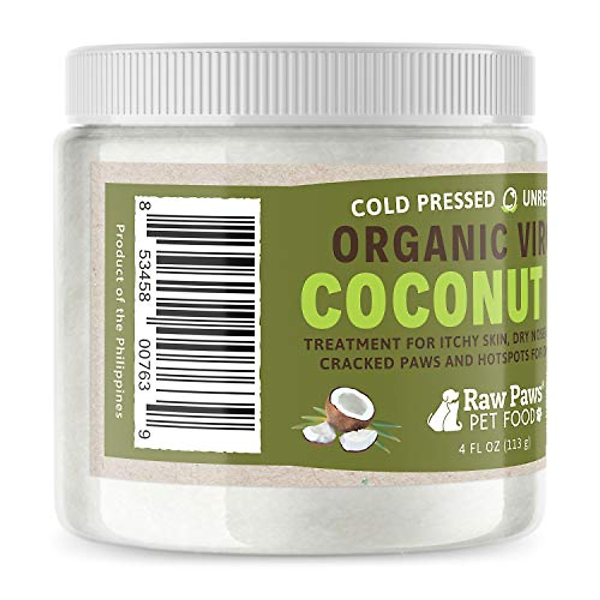 Raw Paws Organic Coconut Oil for Dogs & Cats, 4-oz - Treatment for Itchy Skin, Dry Nose, Paws, Elbows, Hot Spot Lotion for Dogs, Natural Hairball Remedy for Dogs & Cats