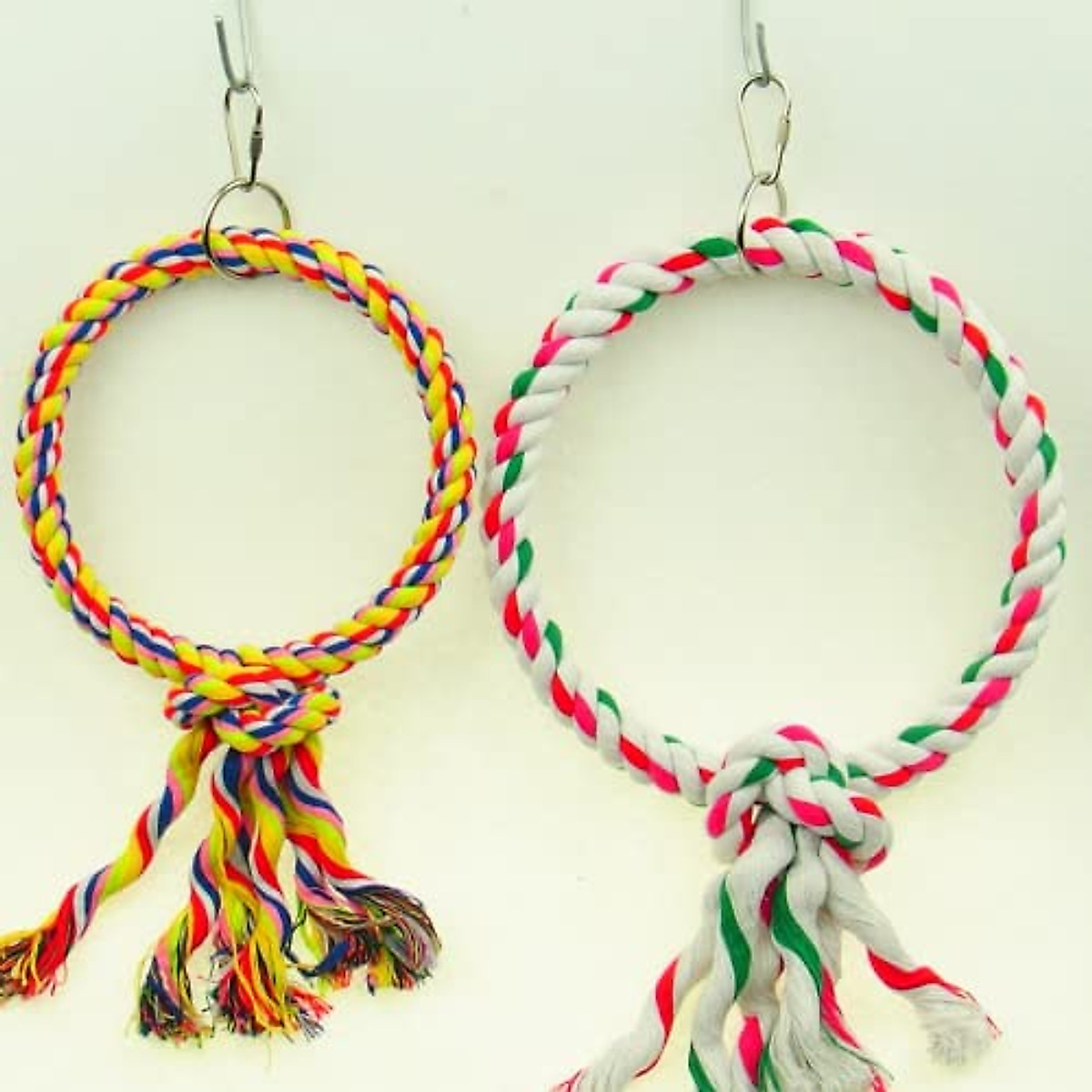 Bird Toys Metal Cotton Rope Swing Bird Toys Circle Ring Parrot Perch Swings Toys Balanced Ring Shape Parrot Cage Toys Bird Hanging Swing Ladder Chewing Toys(Color Randomly) (Large)