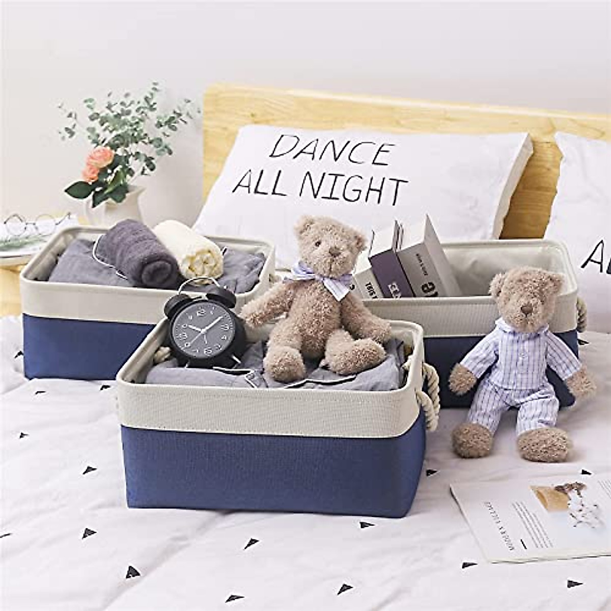 Vissin Large Storage Baskets, Foldable blue Basket with Cotton Handles, Canvas Fabric Storage Bins for Organizing,Cupboards, Shelves, Clothes, Toys, Towel, (blue+White,1 Pack)