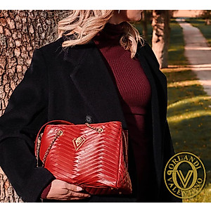 Valentino Orlandi Medium Purse Tote Wavy Pleated Burgundy Leather Italian Designer Bag w/Chain