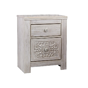 Signature Design by Ashley Paxberry Boho 2 Drawer Nightstand with 2 Slim-Profile USB Charging Ports, 29.21" Tall, Whitewash
