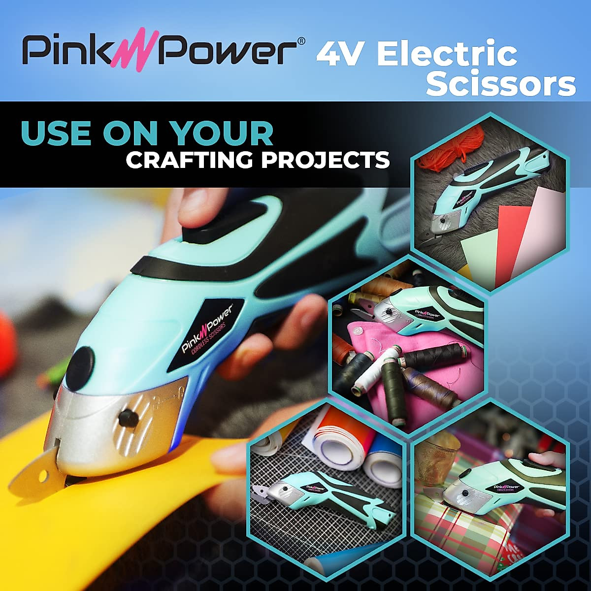 Pink Power Electric Fabric Scissors for Crafts, Sewing, Cardboard, Carpet & Scrapbooking - Heavy Duty Cutting Tool, Automatic Cordless Electric Scissors Fabric Cutter & Rotary Cutter Set (Aqua Splash)