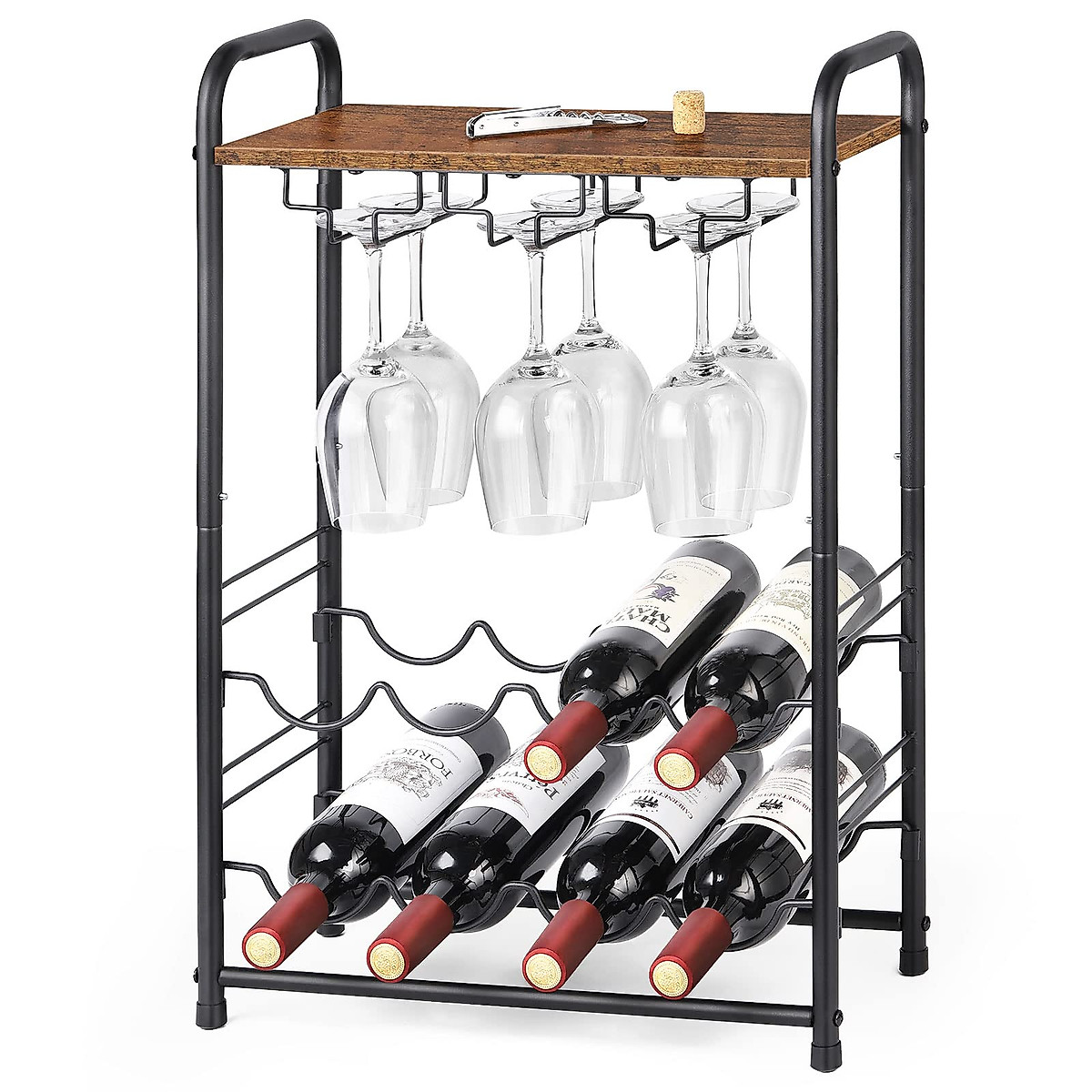 MOOACE Wood Wine Rack, Countertop Wine Storage Stand, Hold 8 Wine Bottles and 6 Glasses, Freestanding Wine Holder Stand for Kitchen, Pantry, Cellar, Bar