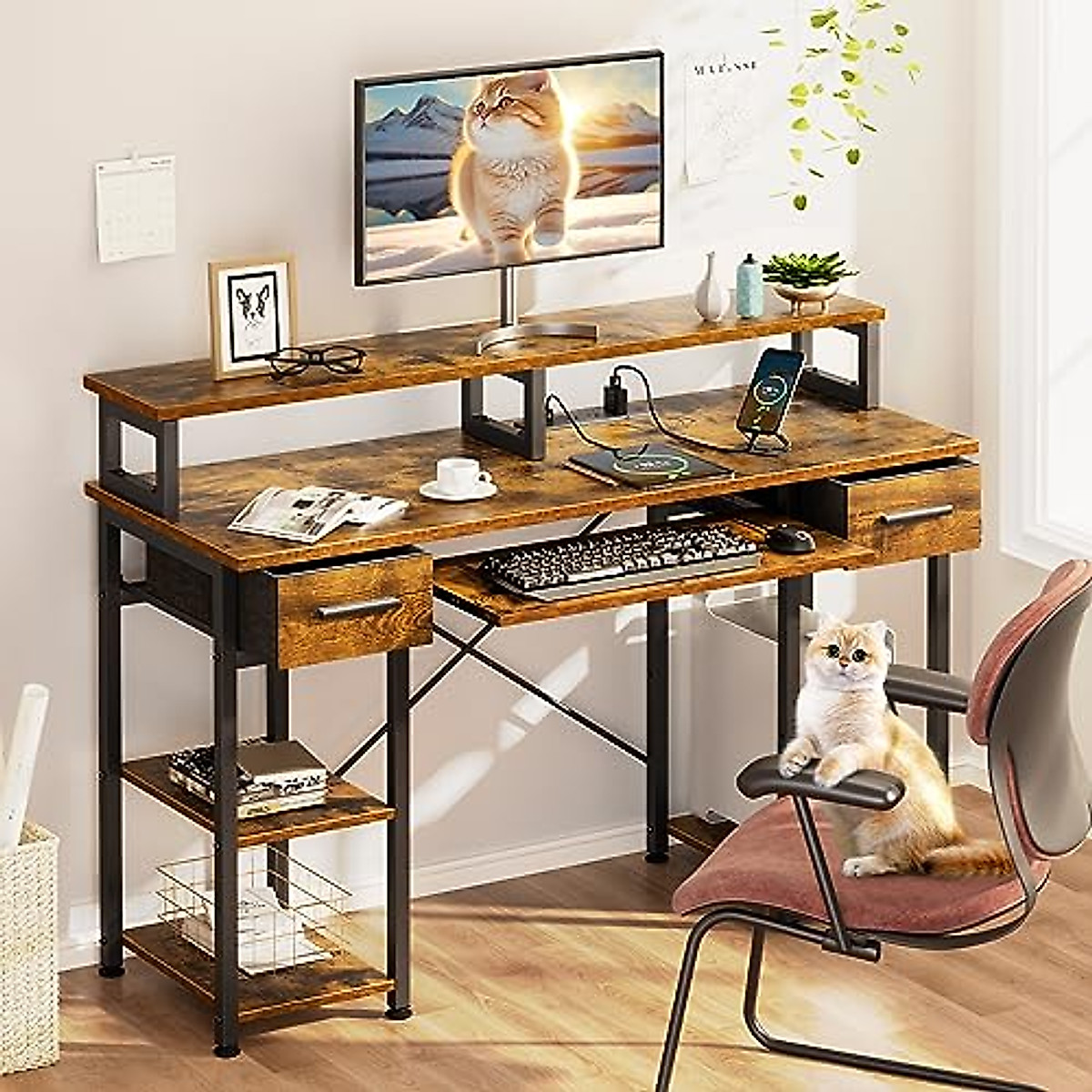Uliyati 47 Inch Computer Desk with LED Lights & Power Outlets, Home Office Desks with Keyboard Tray & Drawers, PC Gaming Desk with Monitor Shelf & Storage Shelves, for Home Office Studio -Rustic Brown