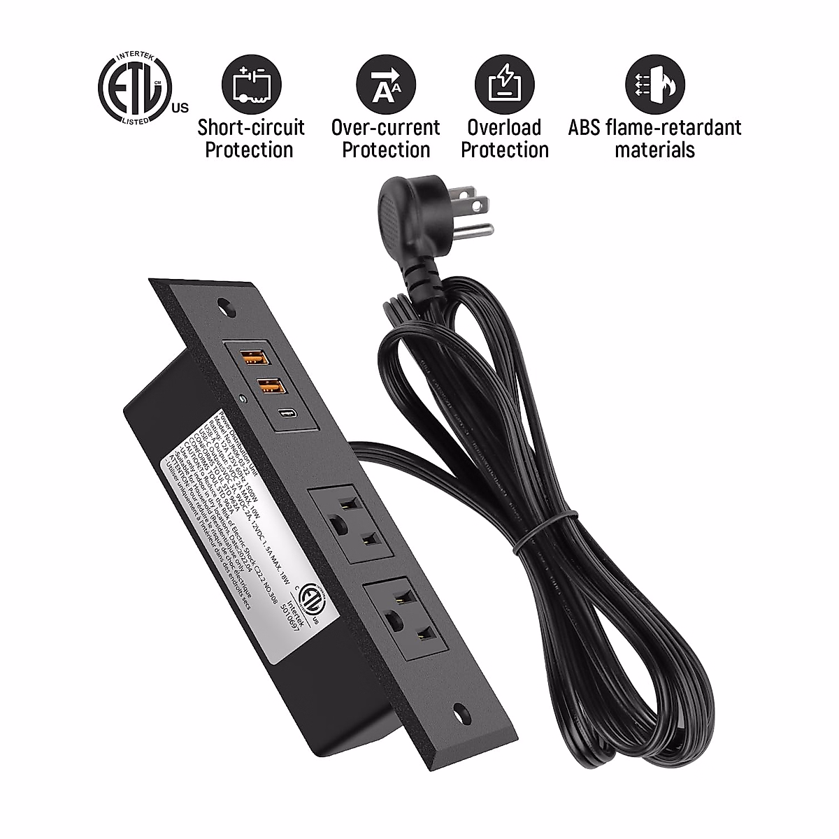 18W USB C Recessed Power Strip,Mountable Desk Outlet with 2 Outlets 3 USB Ports,Desktop Charging Station for Furniture Nightstand Side Table End Table,ETL Listed,White