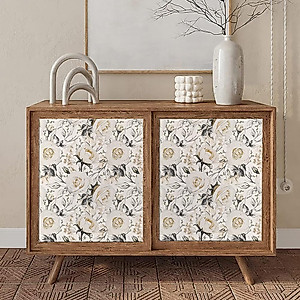 BEETAL Vintage Pale White/Yellow Floral Peony Flowers Rose Grey Leaf Peel and Stick Wallpaper Easy Peel Off Contact Paper Stick on Adhesive Wall Paper for Bathroom Waterproof Renter Friendly