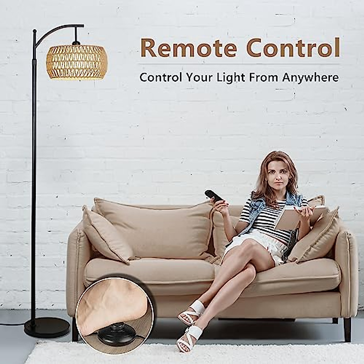 Arc Floor Lamp with Remote Control, Dimmable LED Floor Lamp with 3 Color Temperature, Black Standing Lamp with Rattan & Fabric Double Drum Shade, Boho Farmhouse Tall Pole Lamp for Living Room Bedroom