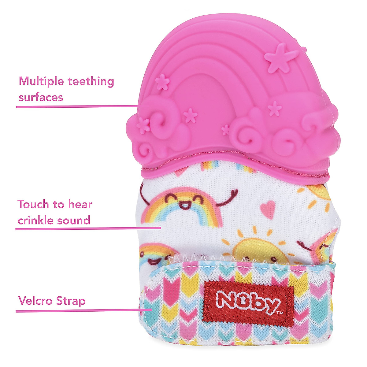 Nuby Happy Hands Silicone Teething Mitten: 3M+, Rainbow, Pink (80725)